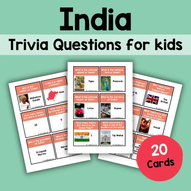 India Quiz for Kids - 20 GK Question & Answer cards