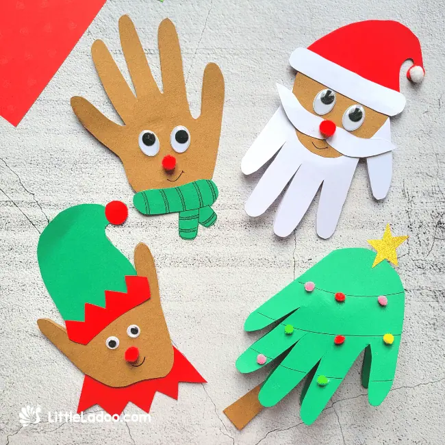 4 Christmas Handprint Cards -Santa, Reindeer, Elf, Xmas tree Craft