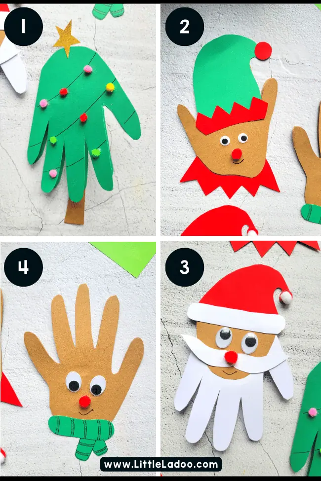 4 Christmas Handprint Cards -Santa, Reindeer, Elf, Xmas tree Craft