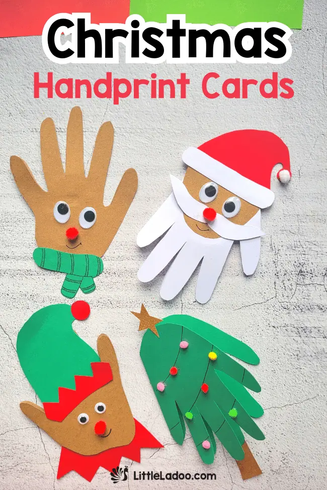 4 Christmas Handprint Cards -Santa, Reindeer, Elf, Xmas tree Craft
