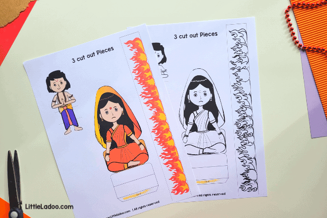 The Story of Holi Craft - Holika and Prahlad sitting on a Pyre