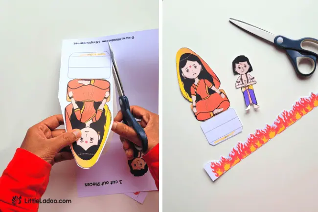 The Story of Holi Craft - Holika and Prahlad sitting on a Pyre