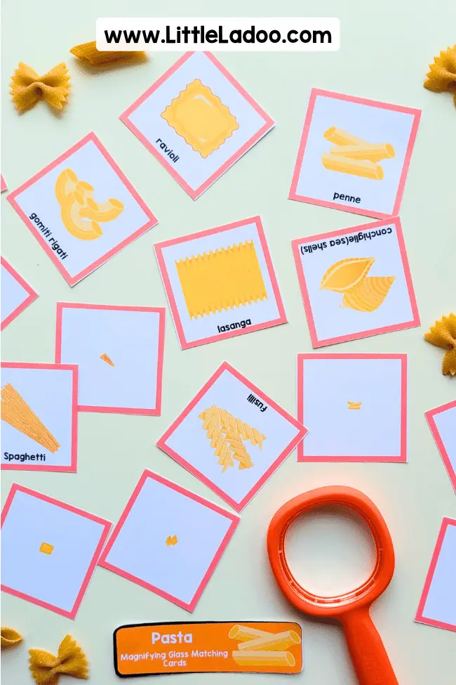 Pasta Magnifying Glass Matching Cards {Free Printable}
